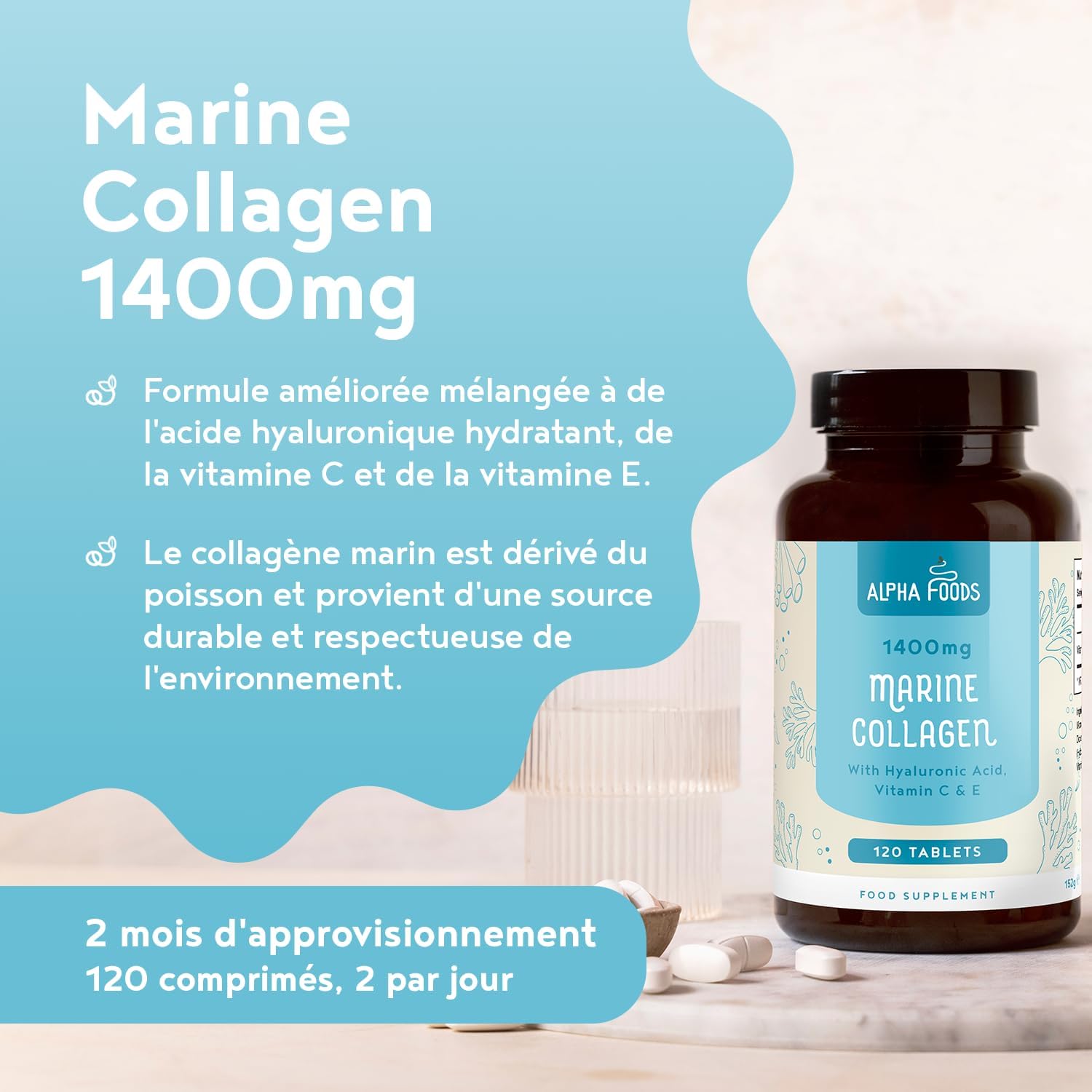 Marine Collagen 1400mg | with Hyaluronic Acid, Vitamin C, E, Zinc ...